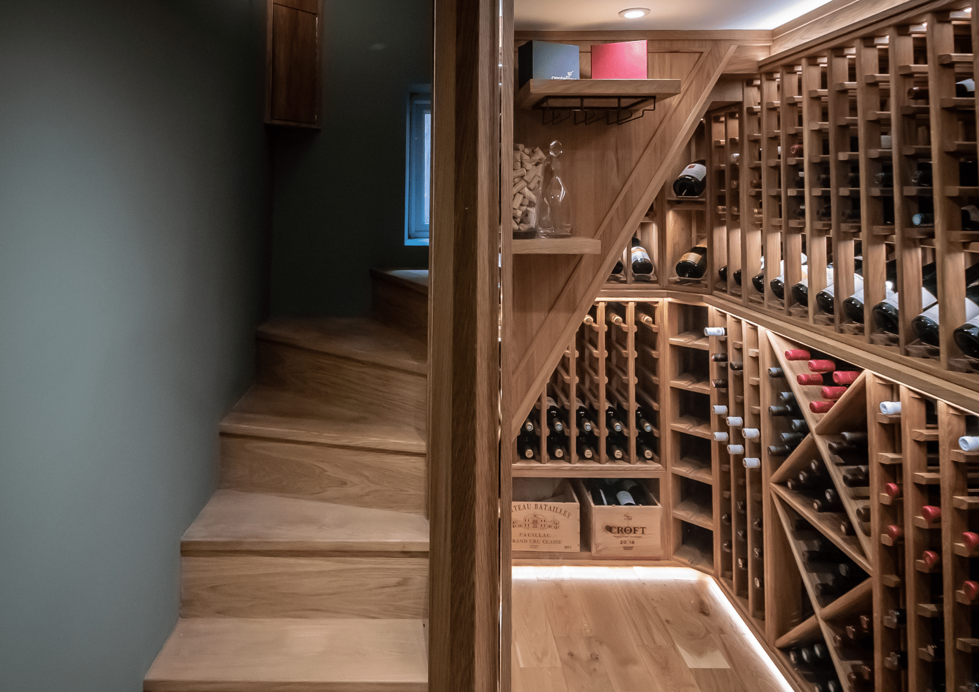 Solid Oak Wine Cellar & Custom Staircase - Sorrells Custom Cellars