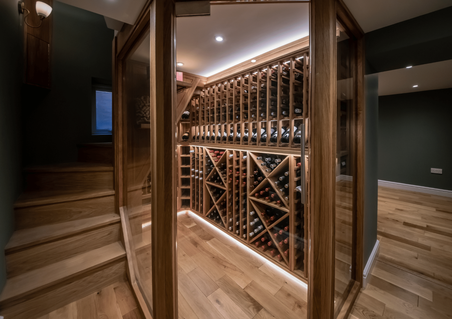 Solid Oak Wine Cellar & Custom Staircase - Sorrells Custom Cellars